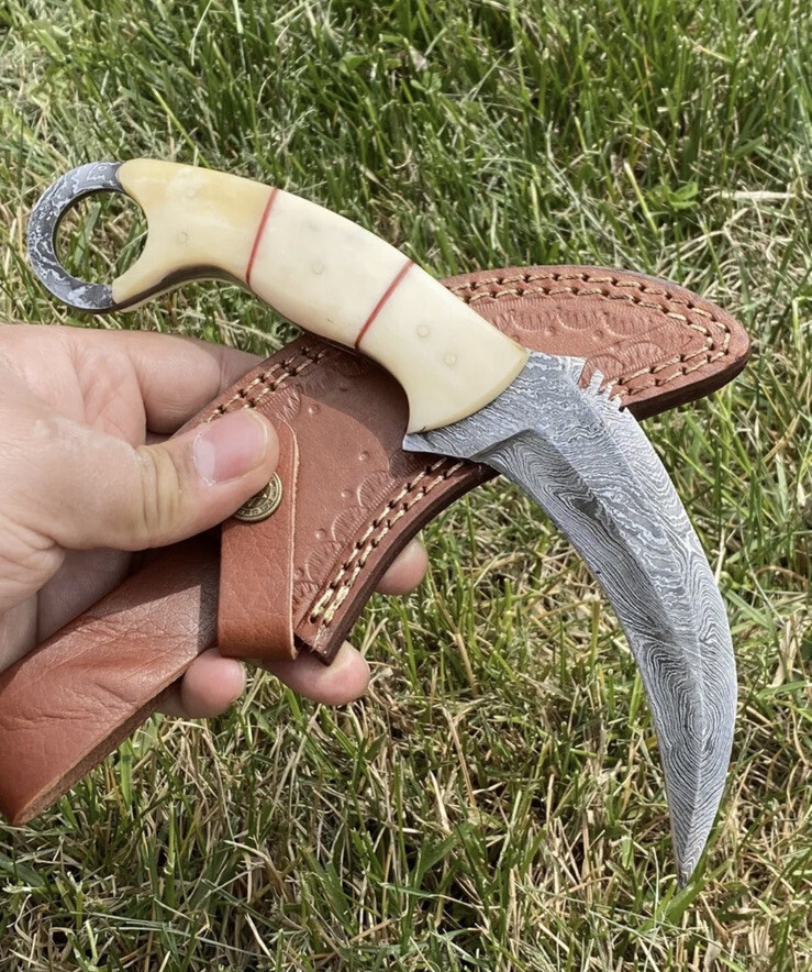CUSTOM DAMASCUS STEEL Tactical Hunting combat Karambit FIXED BLADE ...