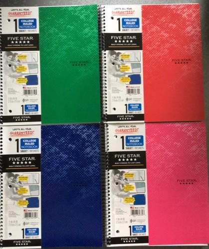 Five Star 4 Pack Spiral Notebooks 1 Subject 100 sheets college ruled ...