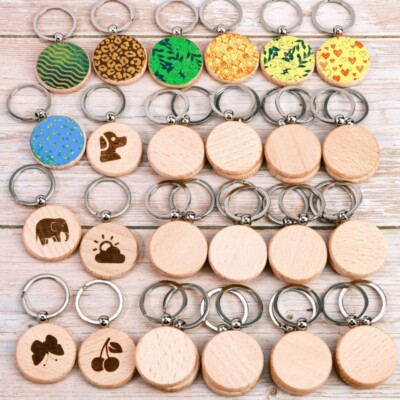 10pcs DIY Unpainted Wood Key Chain Wooden Keyring Pendant Decor ...