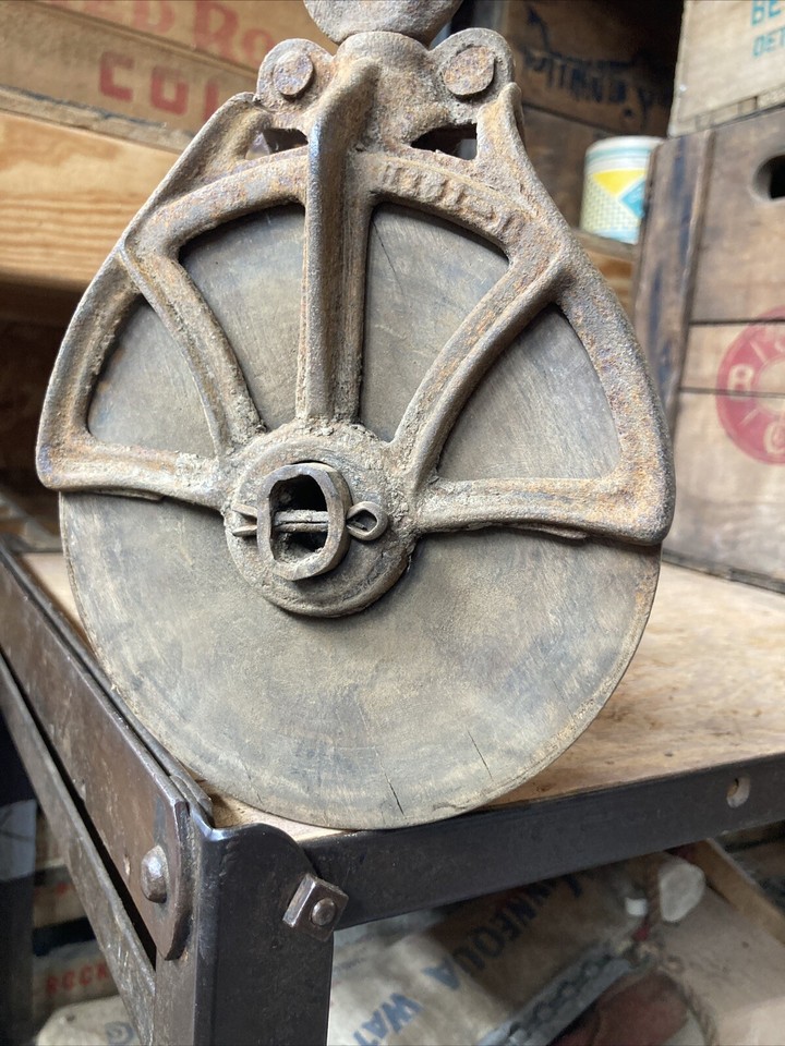 Antique Cast Iron Wood Wheel Pulley Block Tackle Vintage Metal Farm ...