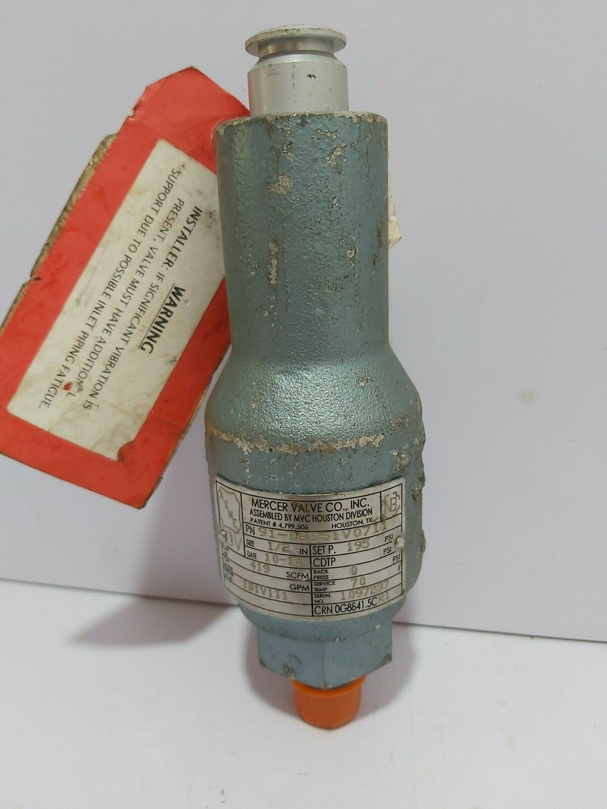 MERCER VALVE 91-06D51V0711 SAFETY RELIEF VALVE 195-PSI SIZE-1/2 ...