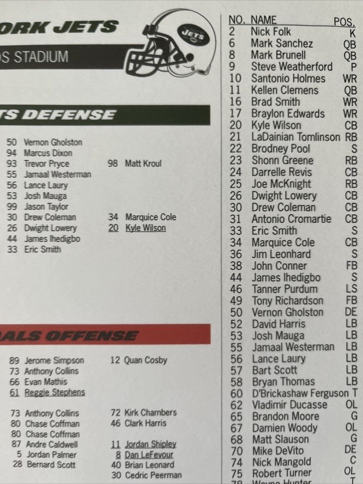 NFL New York Jets Cincinnati Bengals Media Flip Cards November 25 2010 ...