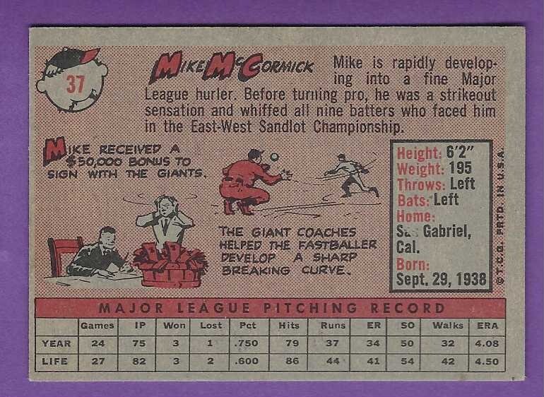 1958 Topps - #37 Mike McCormick RC - San Francisco Giants - ExMt | eBay