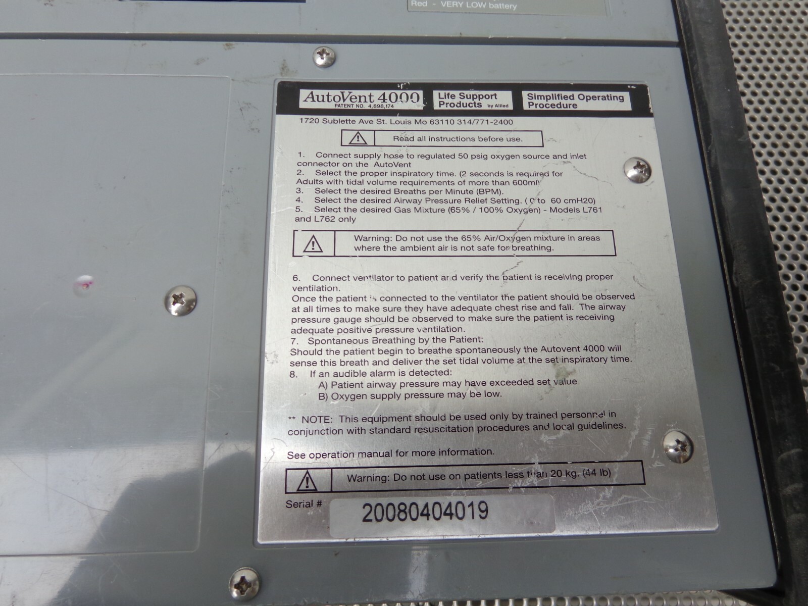 Allied Healthcare Autovent 4000 Transport Ventilator CPA (UNTESTED / AS ...