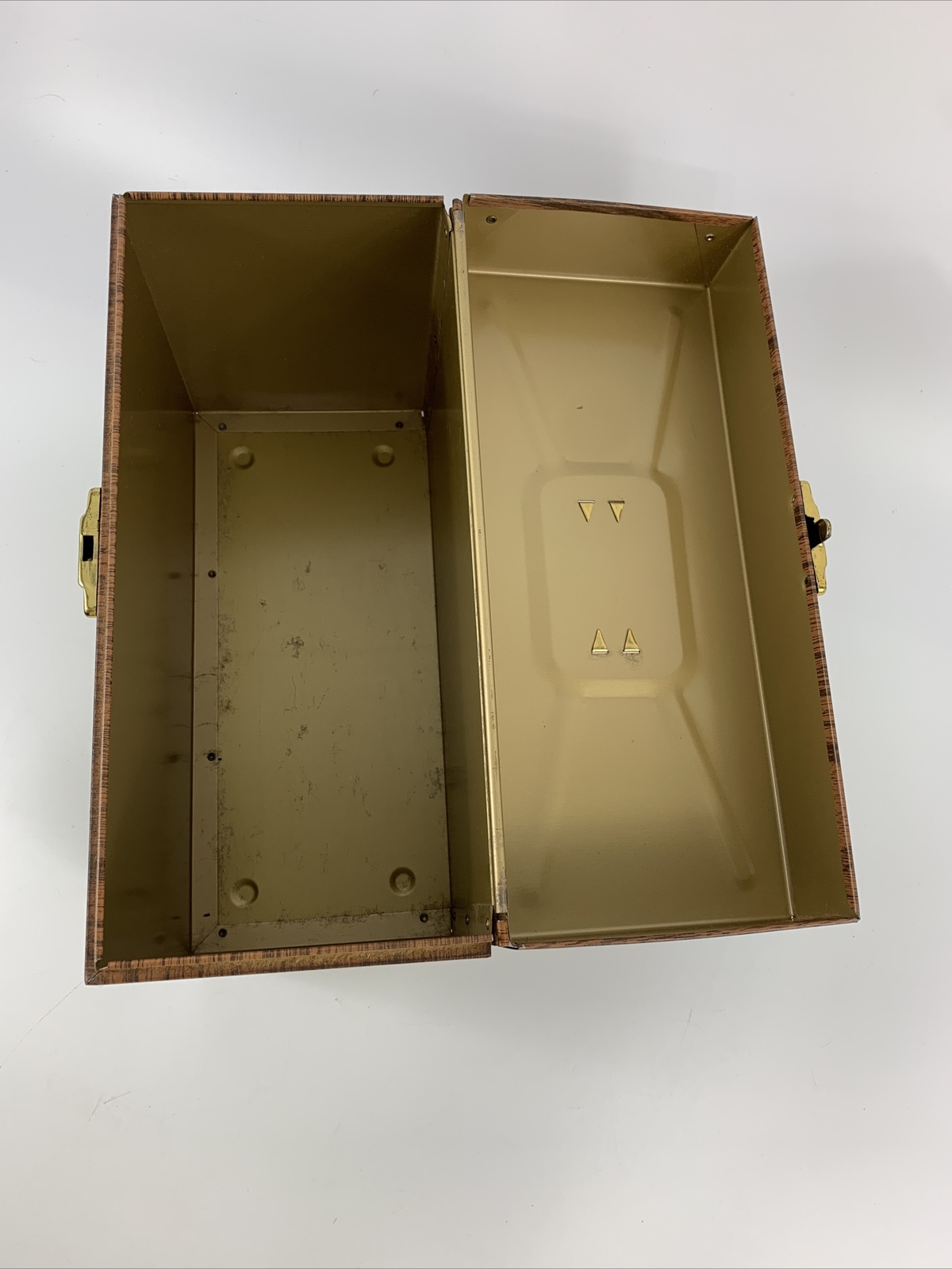 Vtg Porta File metal check file box Wood grain litho Mid century office ...