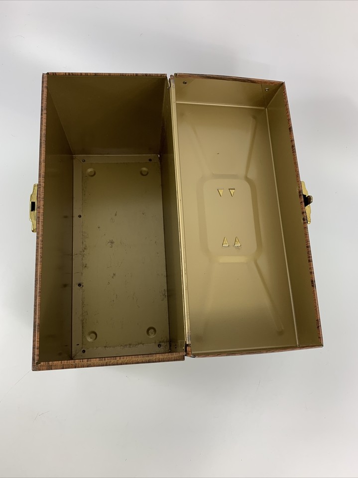 Vtg Porta File metal check file box Wood grain litho Mid century office ...