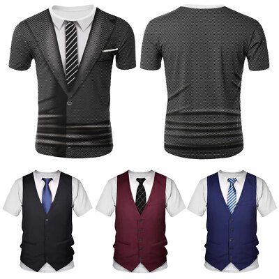 Mens Fake Suit Vest 3D Printed T-Shirt Funny Fake Suit Tuxedo Bow Tie ...