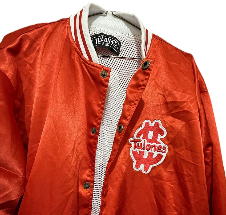 Tulones Men’s Red Satin Bomber Jacket Snap Closure Mesh Lining Patch ...