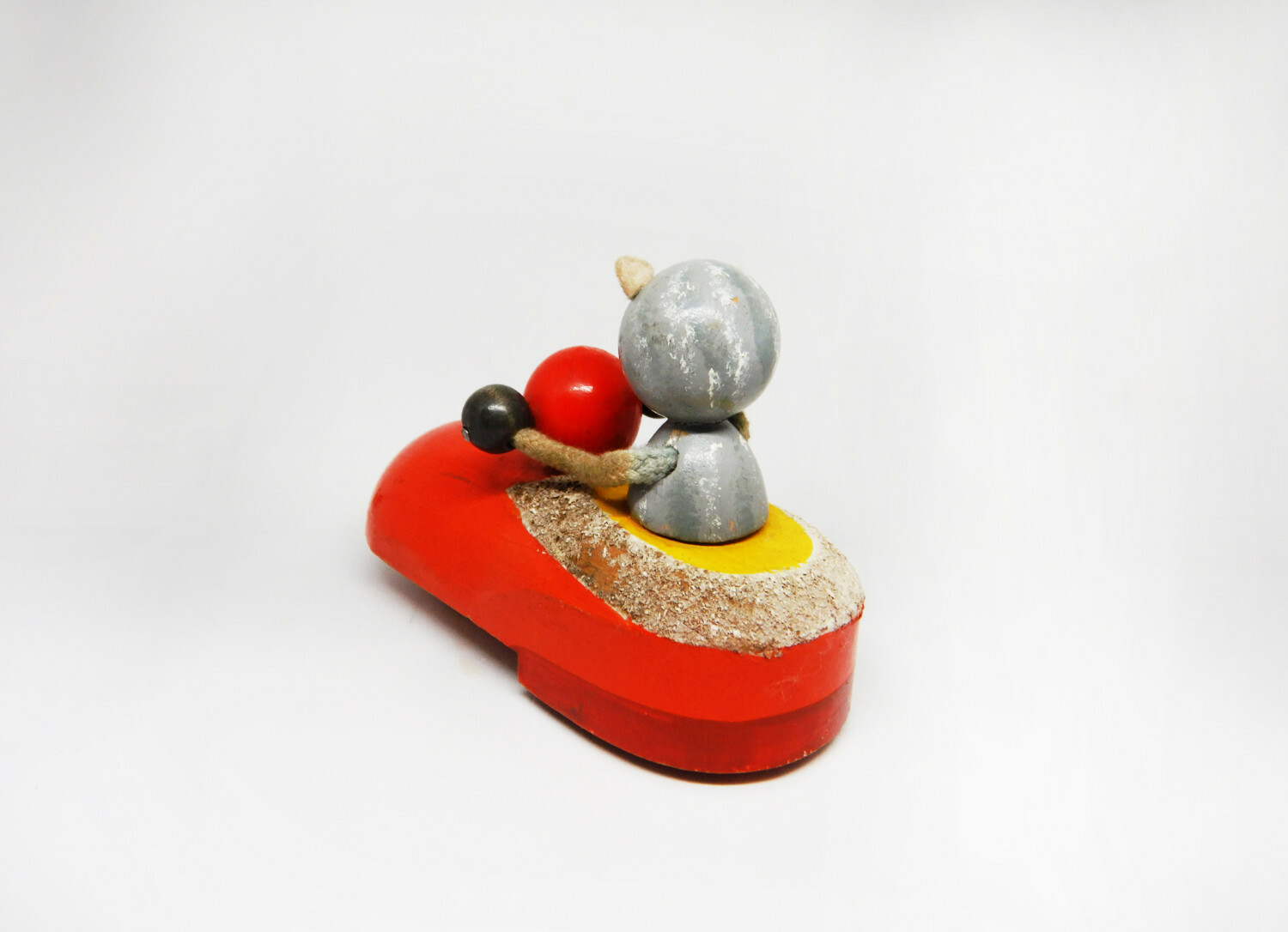 Vintage Wooden Mechanical Toy Cat Driving Shoe Metal Mechanism Working ...