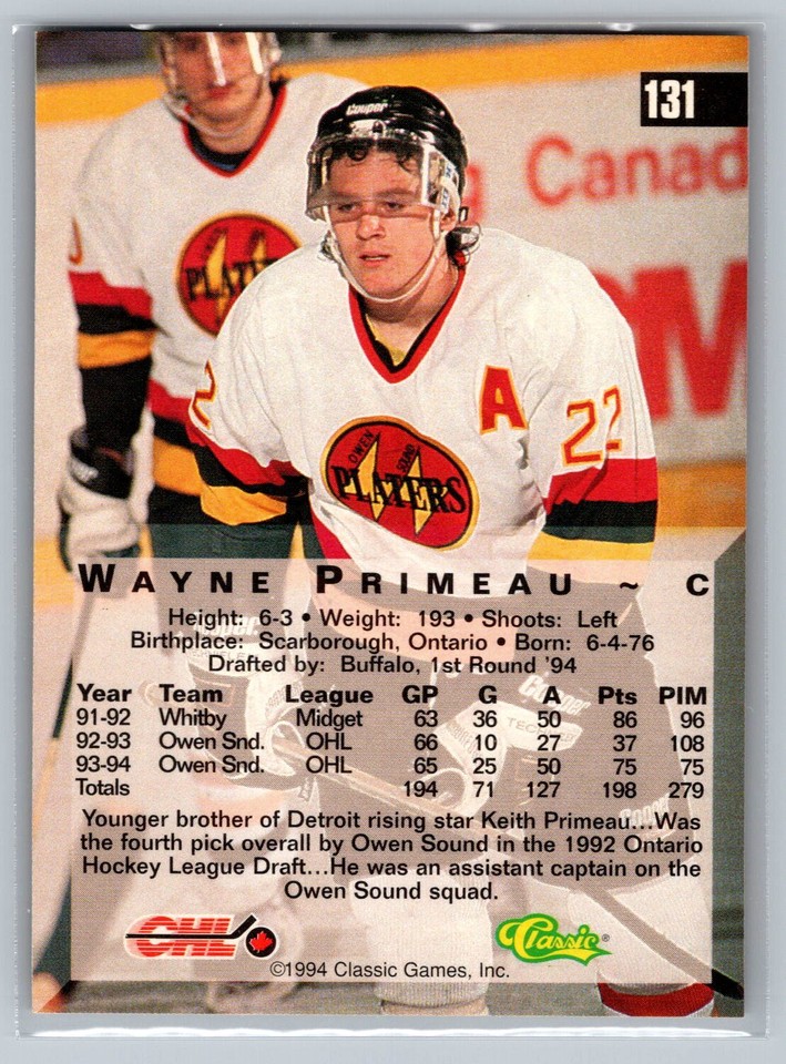 1994 Classic Four-Sport Hockey #131 Wayne Primeau Buffalo Sabres | eBay
