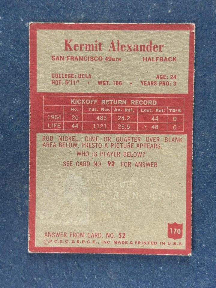 1965 Philadelphia #170 Kermit Alexander San Francisco 49ers VG | eBay