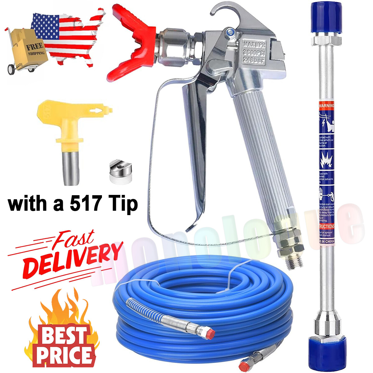 50Ft Airless Paint Spray Hose Kit 1/4" Swivel Joint 3600psi with 517 ...