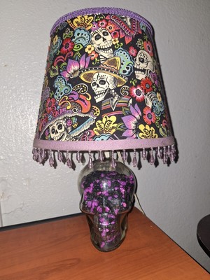 Dia De Los Muertos Glass Skull Lamp With Sugar Skull & Blk Purp Stones ...