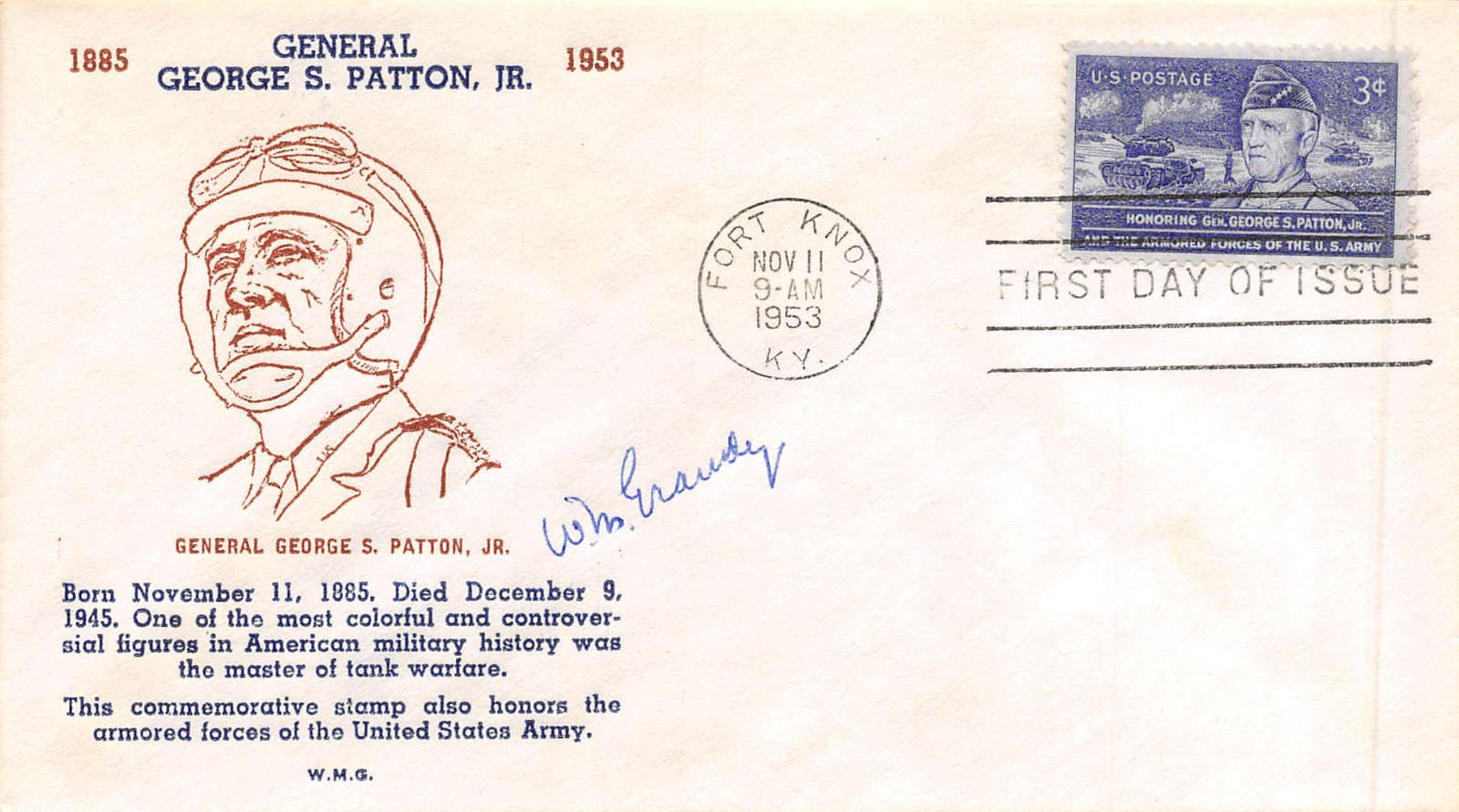 1026 3c Gen. George S. Patton, W.M. Grandy cachet in brown and blue ...