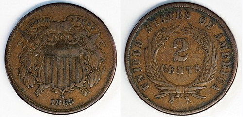 1865 Two Cent Piece U.S. Copper Coin Philadelphia Mint Early Post Civil ...