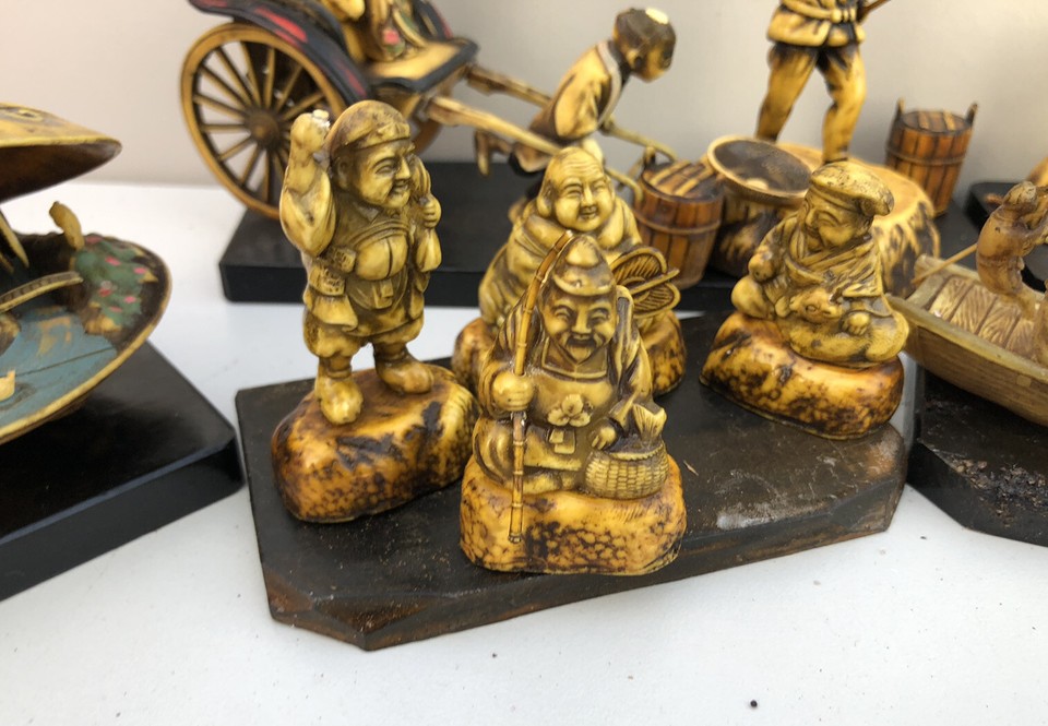 SET Vintage 1940s Japanese Celluloid Geisha Rickshaw Clam Diorama Ship ...