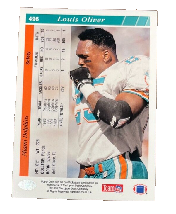 1993 UPPER DECK CARD # 496 Louis Oliver - Miami Dolphins | eBay