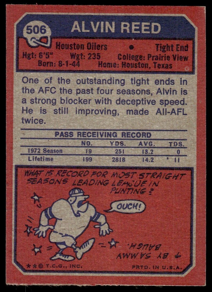 1973 TOPPS ALVIN REED HOUSTON OILERS #506 | eBay