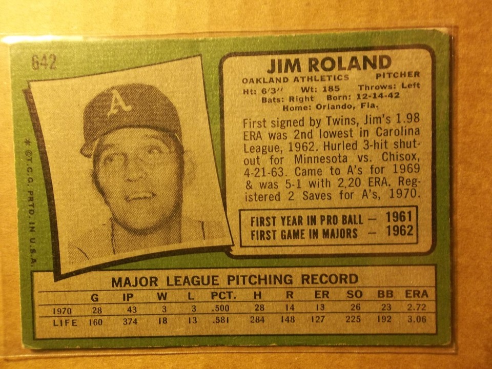 1971 jim roland #642 VG Oakland Athletics baseball card HIGH NUMBER | eBay