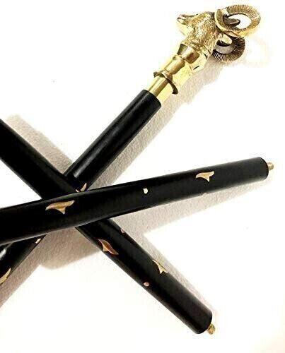 Vintage Brass Victorian Mountain Goat Head Handle Wooden Walking Stick ...