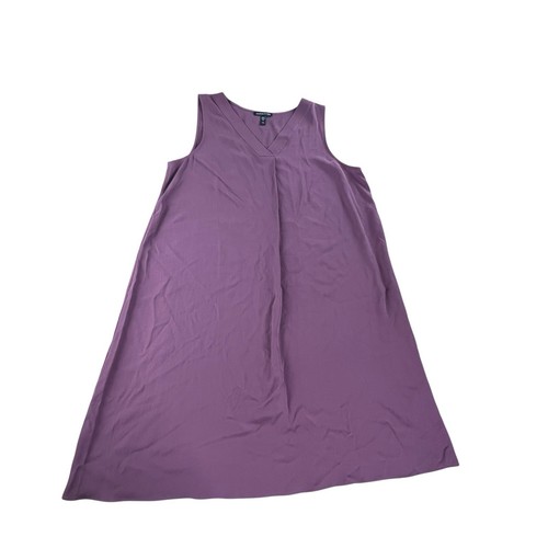 Eileen Fisher 100% Silk Dress Sz Medium Fig Georgette Crepe Pleated ...