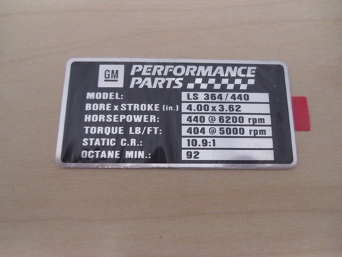 CHECKER MARATHON GM PERF PARTS ENGINE DATA PLATE TAG LS 364/440 OEM F4 ...