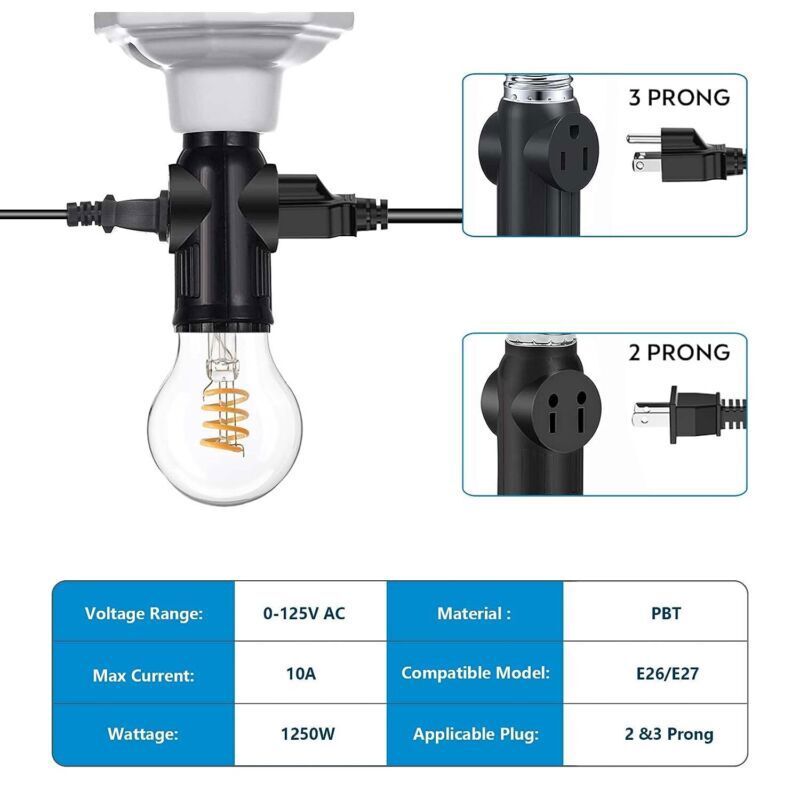 E26/E27 Light Socket to Plug Adapter 2/3 Prong Light Bulb Outlet Socket ...