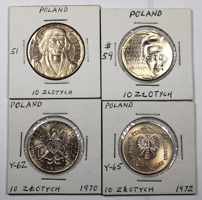 Poland, Lot of 4, 1965, 1967, 19701, & 1972 10 Zlotych Coins ...