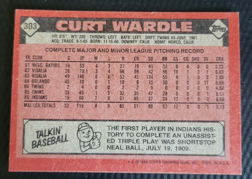 1986 Topps TCG Pitcher CURT WARDLE Cleveland Guardians MLB Baseball ...