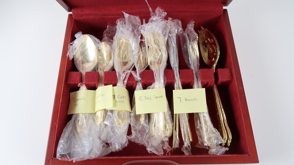 Prescott Forge - 44 Piece Gold Plated Flatware Set W/ Wooden Storage ...