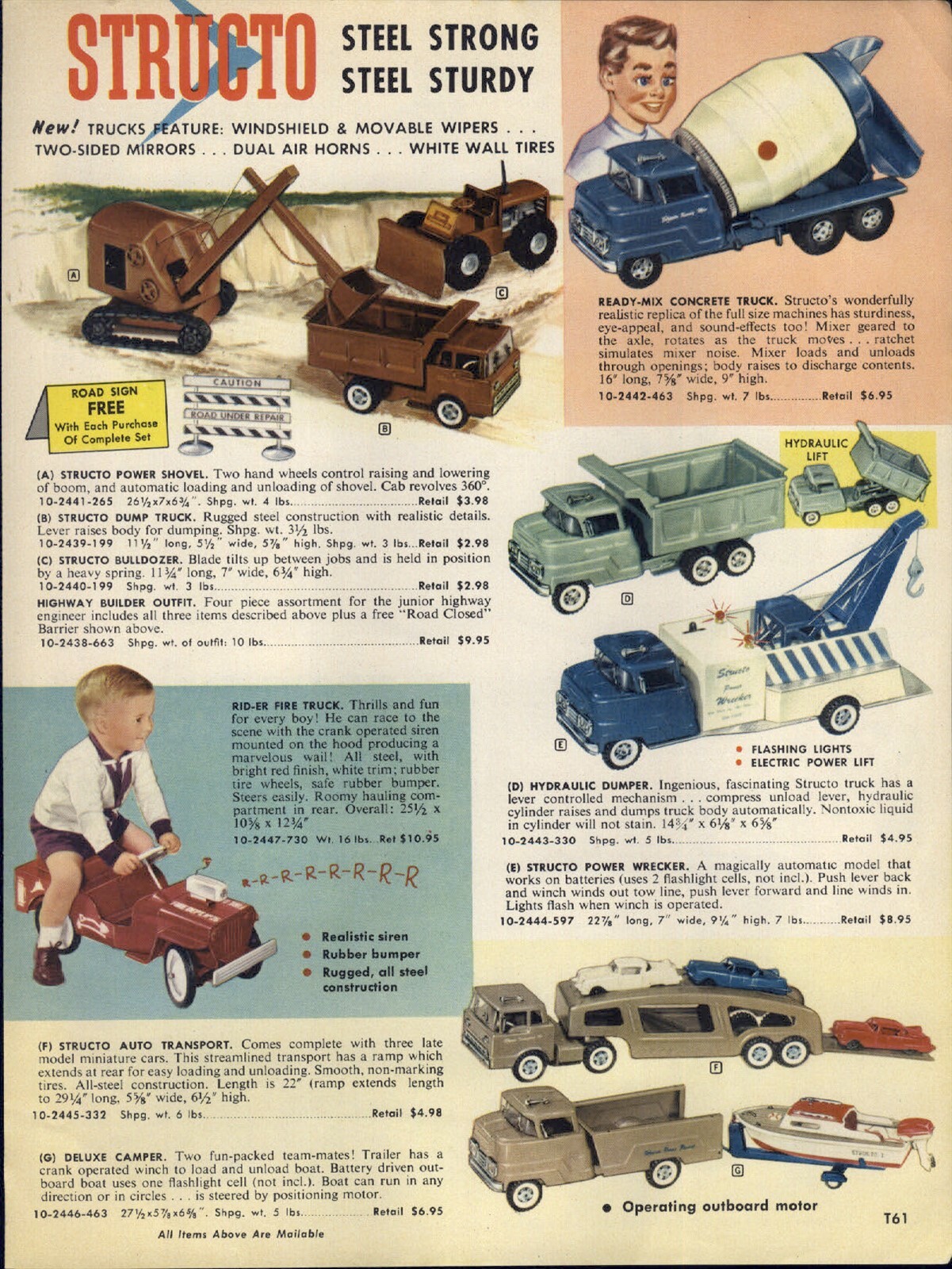 1961 PAPER AD COLOR Structo Steel Toy Concrete Truck Wrecker Dump Rid ...