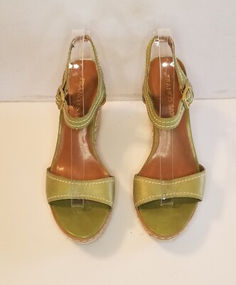 Franco Sarto Green Leather Dorian Open Toe Woven Rope Wedge Heel Womens ...