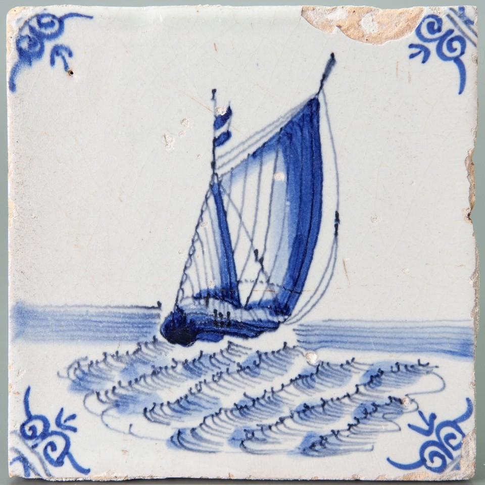 Nice field of 9 Dutch Delft Blue tiles, sailboat, 17th century. | eBay