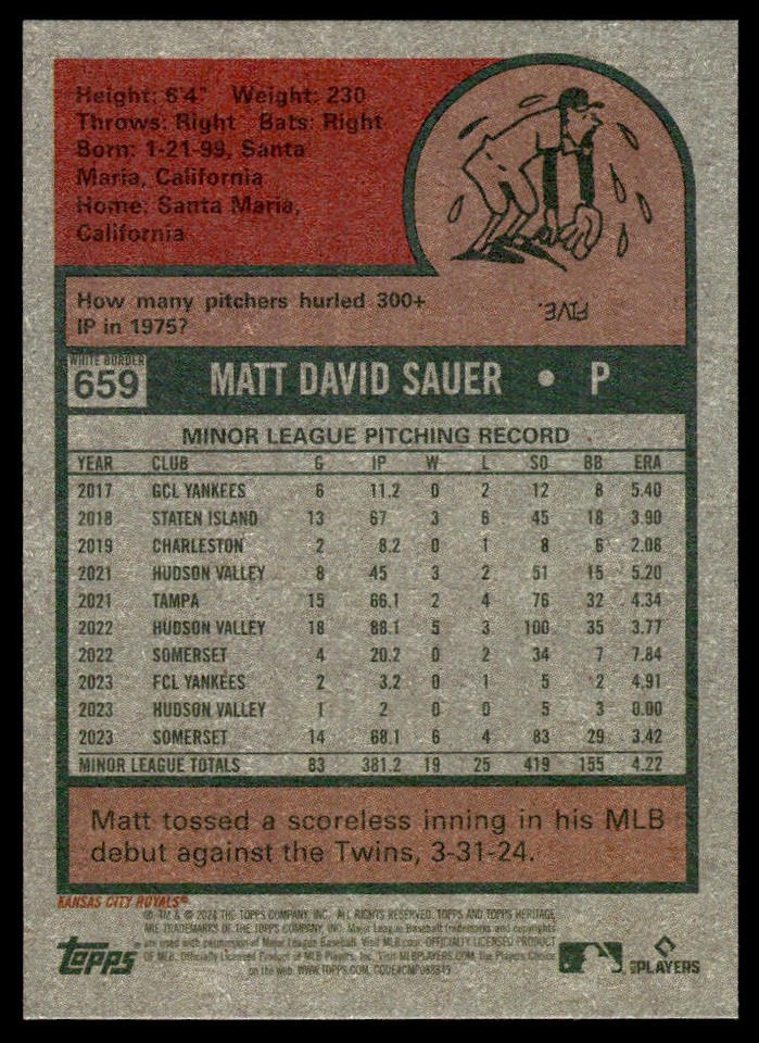 2024 Topps Heritage Matt Sauer #659 Dark Blue Parallel RC Kansas City ...