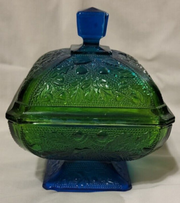 Vintage Jeanette Blue Green Lidded Square Candy Dish Lid Embossed Acorn ...