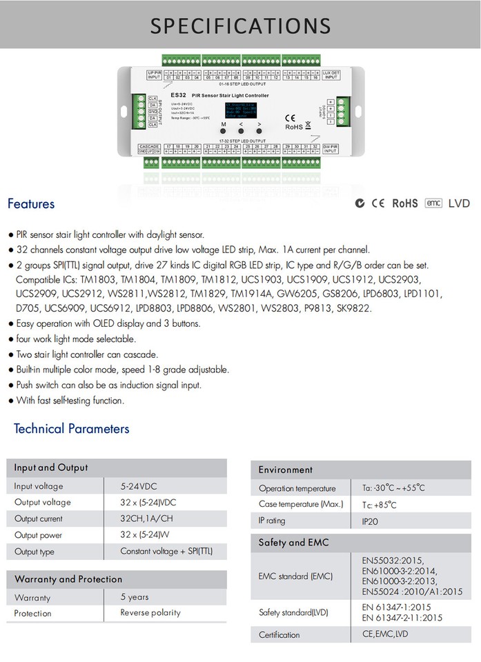 ES32 LED Stair Light Controller Dimmable Ladder RGB Pixel SPI Pir ...