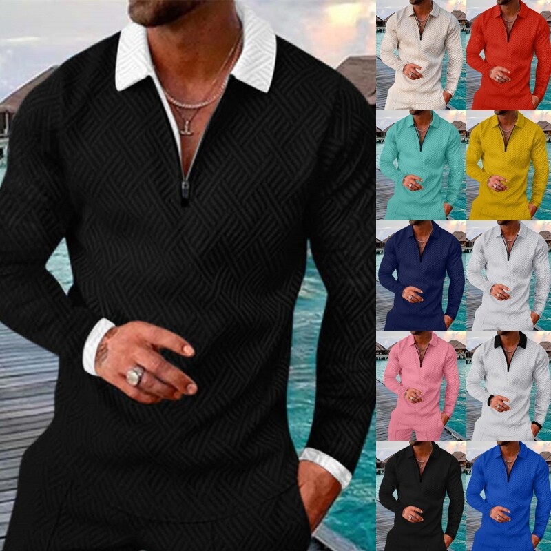 Men Long Sleeve Solid Polo Shirt Casual Zipper V Neck T Men Long Sleeve Solid Polo Shirt Casual Zipper V Neck T