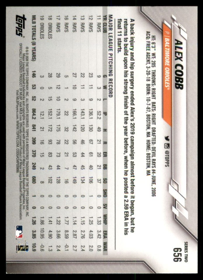 2020 Topps Gold Foil #656 Alex Cobb | eBay