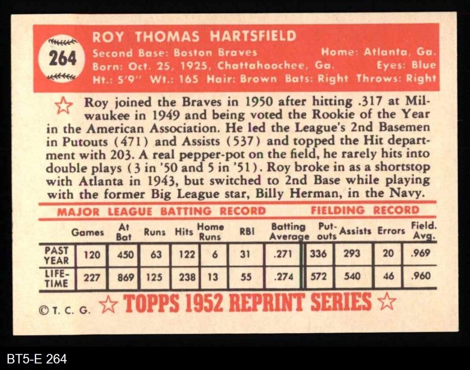 1952 Topps REPRINT #264 Roy Hartsfield Braves 8 - NM/MT | eBay