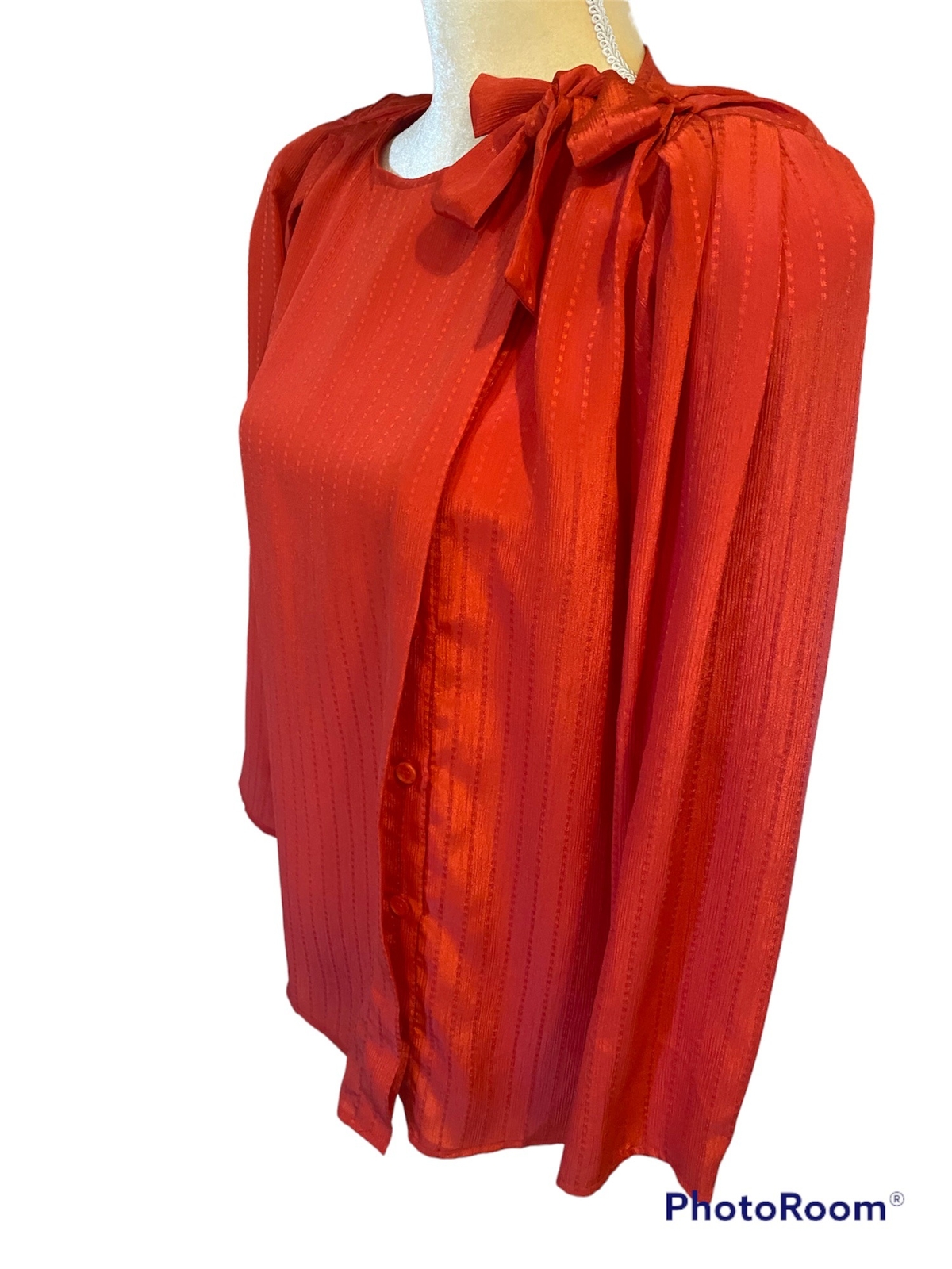 Halston III Red Satin Ribbed Blouse Long Sleeve Bow … - Gem