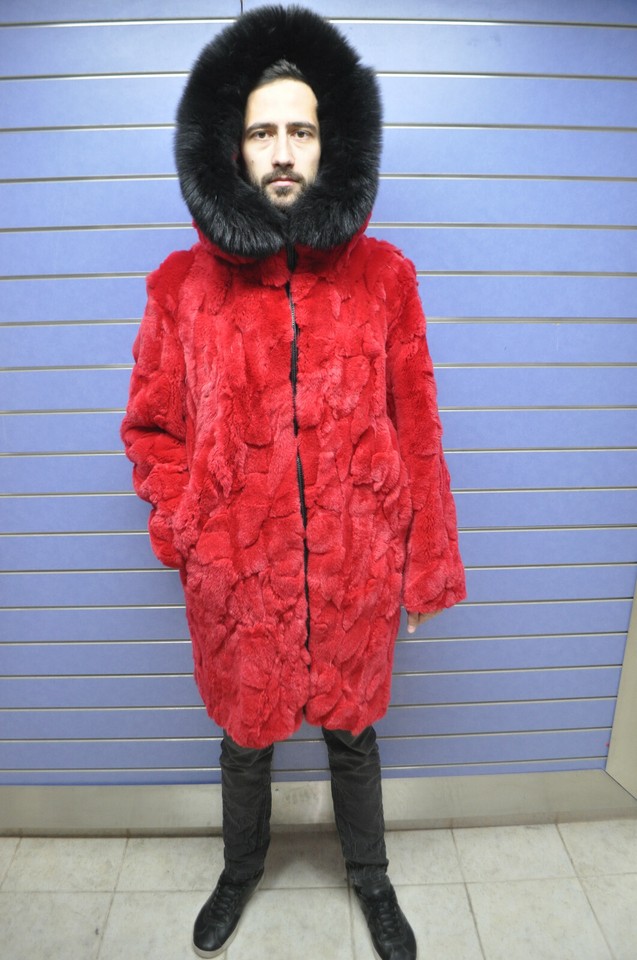 Luxury Rex Rabbit Fur Mens Coat Real Fur Red Coat With Hood And Fox ...