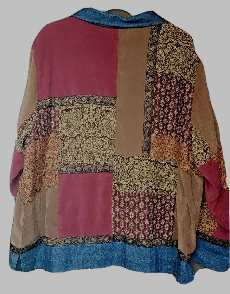 Bechamel Jacket Women's 2X Denim & Jacquard Patchwork Button Up Blazer ...