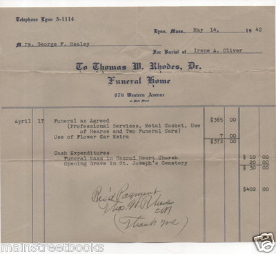 LYNN MA 1942 Funeral Home Receipt Casket Hearse Opening Grave Irene A ...