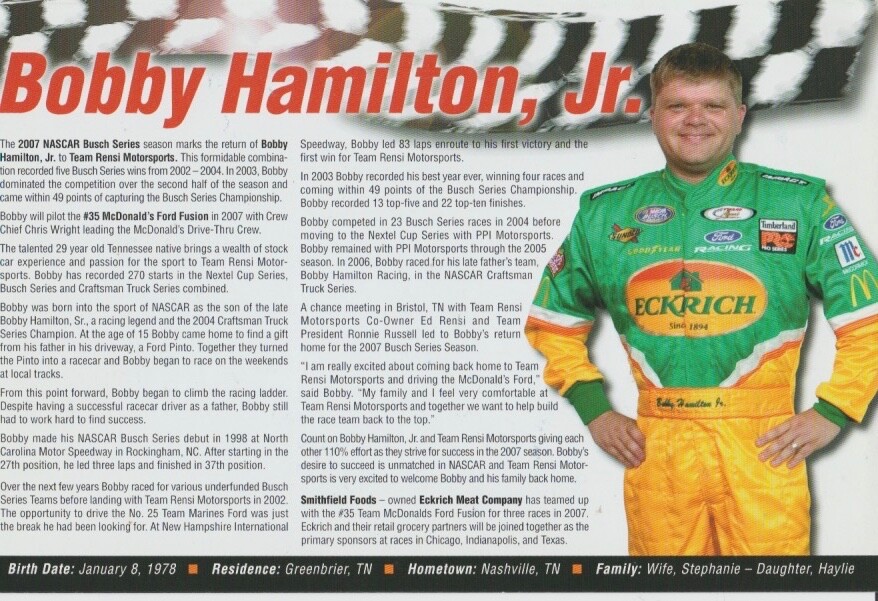 2007 Bobby Hamilton, Jr. signed Eckrich Ford Fusion NASCAR Busch ...