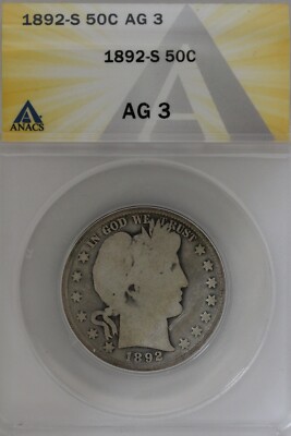 1892-S .50 ANACS AG 3 Barber Half Dollar, Liberty Head Half, 50 Cents ...