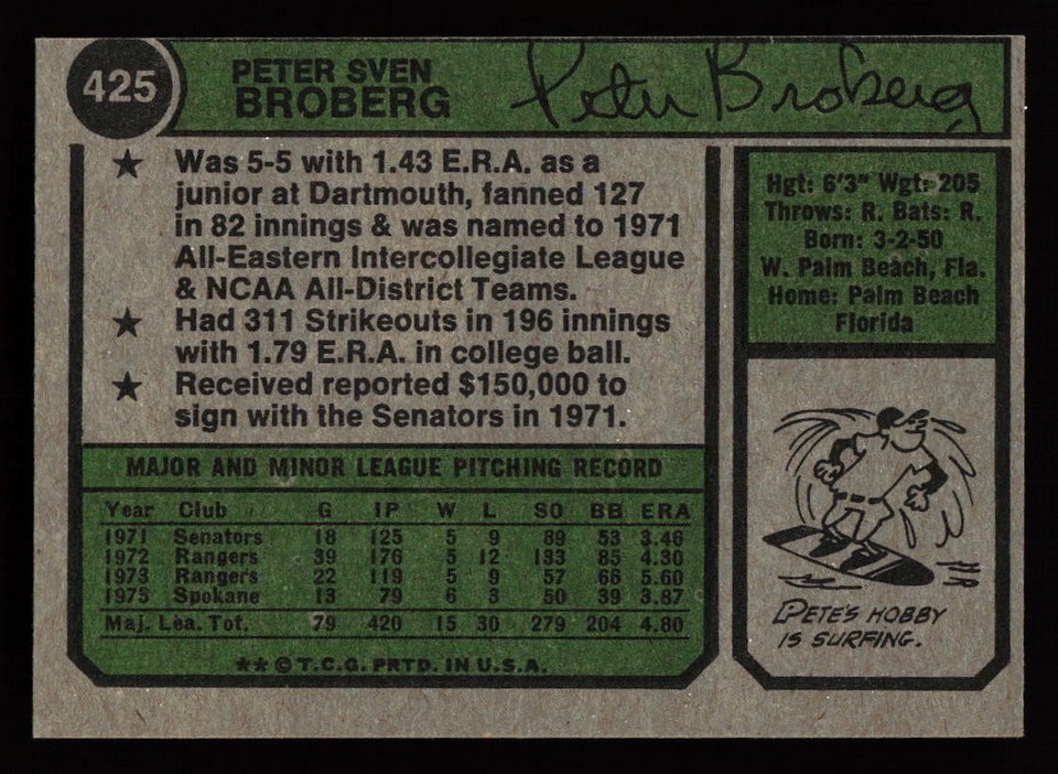 1974 Topps #425 Pete Broberg | eBay