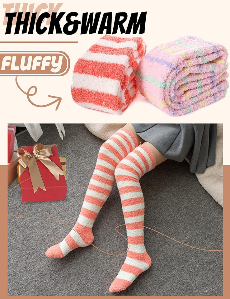 Girls Womens over Knee High Fuzzy Socks Stockings Fluffy Soft Warm Cute ...