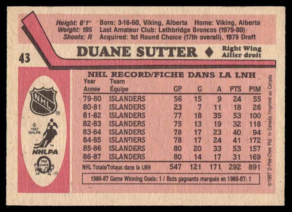 1987-88 O-Pee-Chee Duane Sutter New York Islanders #43 | eBay