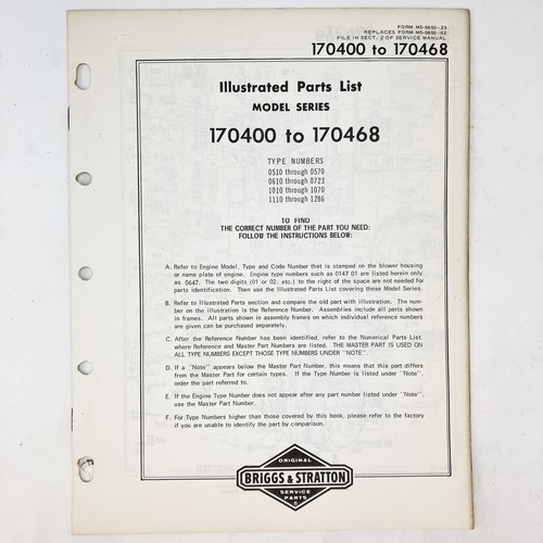 Vtg 1973 Briggs & Stratton 170400-170468 Illustrated Parts List | eBay