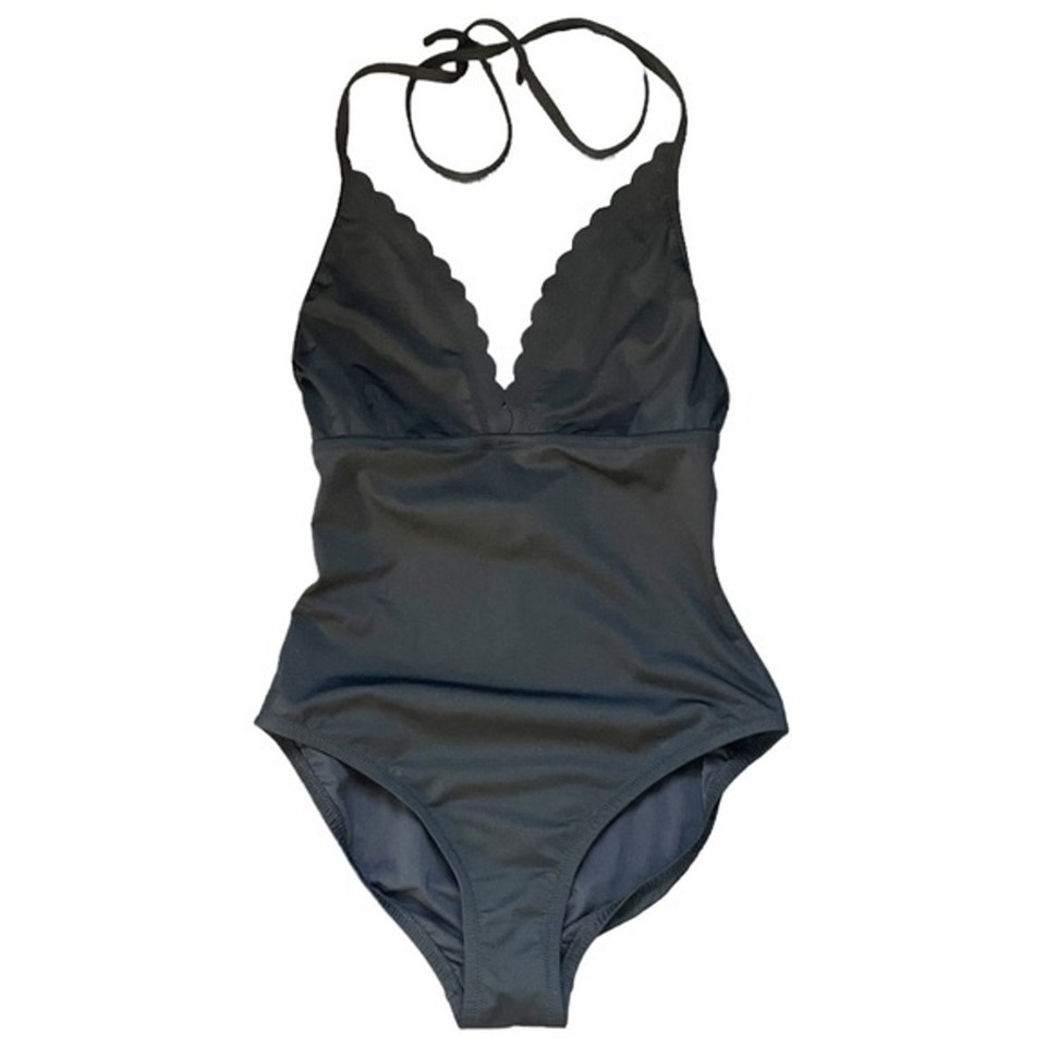 J. Crew Scalloped Neckline Matte Black One Piece Tie Neck Swimsuit ...